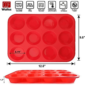 Walfos Silicone Muffin Pan - 12 Cups Regular Silicone Cupcake Pan, Non-stick Silicone Great for Making Muffin Cakes, Tart, Bread - BPA Free and Dishwasher Safe