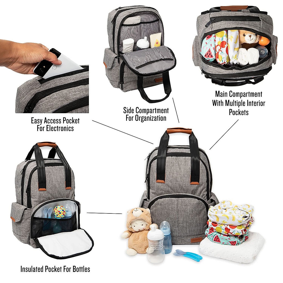 Simple Being Baby Diaper Bag Backpack, Multi-Function Travel Bag (Grey)