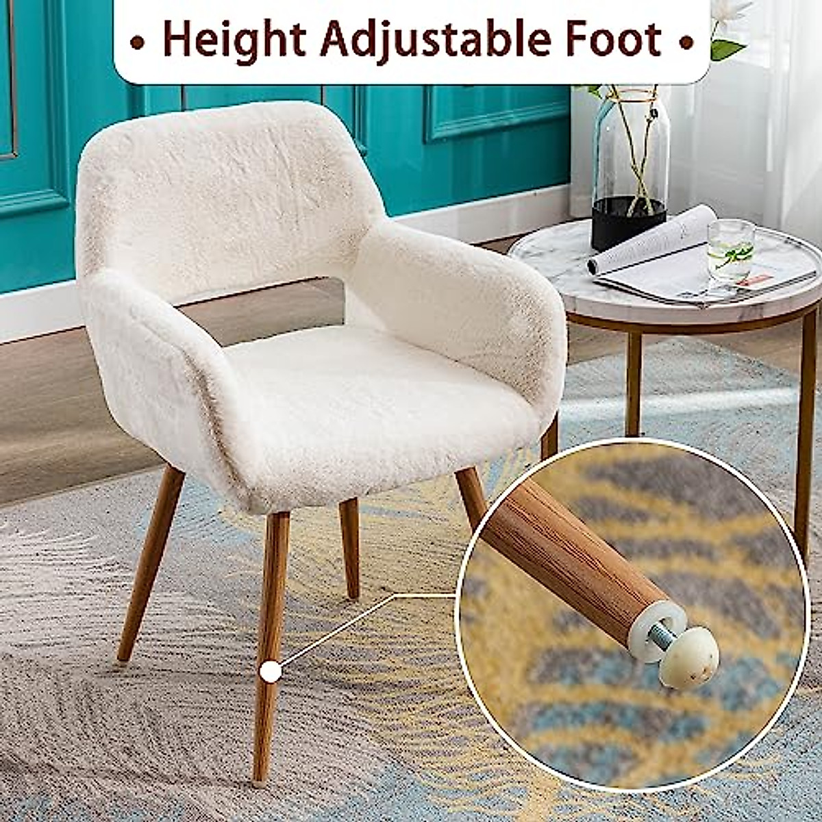 GOOLON Desk Chair No Wheels 1 PC, Modern Fluffy Office Chair, Furry Vanity Chair for Bedroom with Hollow-Out Backrest Comfy Armrest Soft Cushion Sturdy Wood Frame with Metal Legs for Home, White