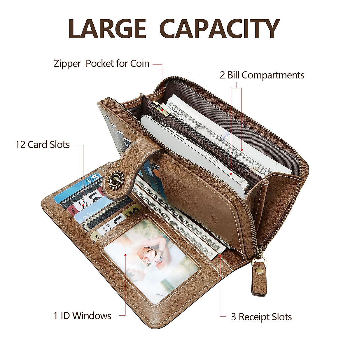 TFKGS Wallet for Women RFID Blocking Leather Large Capacity Card Holder Ladies Phone Clutch Travel Long Purse Wristlet Brown