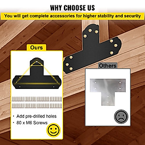 VEVOR Black T Bracket, 6'' x 6'', 8 PCs Black Powder-Coated T Mending Plate, 16 Gauge Steel T-Shaped Tie Flat Connector with Screws Set, Post to Beam Bracket for Repair Wood Furniture