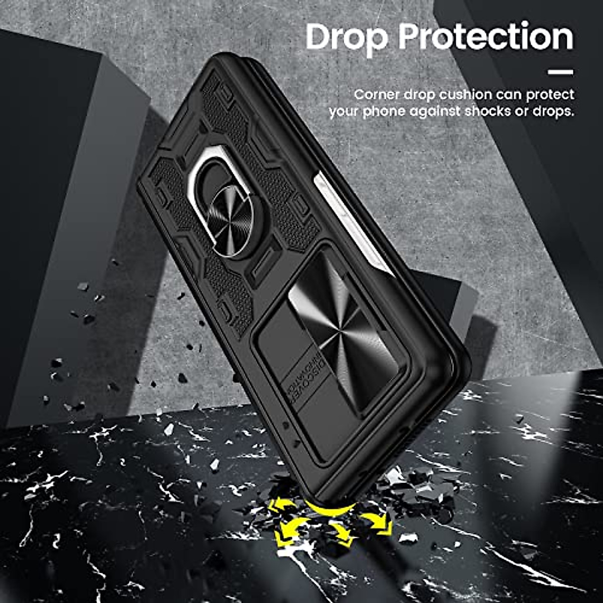 VEGO for Galaxy Z Fold 3 Case with Camera Cover, Hinge Protection Case with Front Screen Protector & 360°Ring Magnetic Kickstand Protective Armor Case for Samsung Galaxy Z Fold 3 - Midnight Black