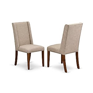 East West Furniture FLP8T04 Florence Parson Dining Room Chairs - Nailhead Trim Light Tan Linen Fabric Upholstered Chairs, Set of 2, Walnut