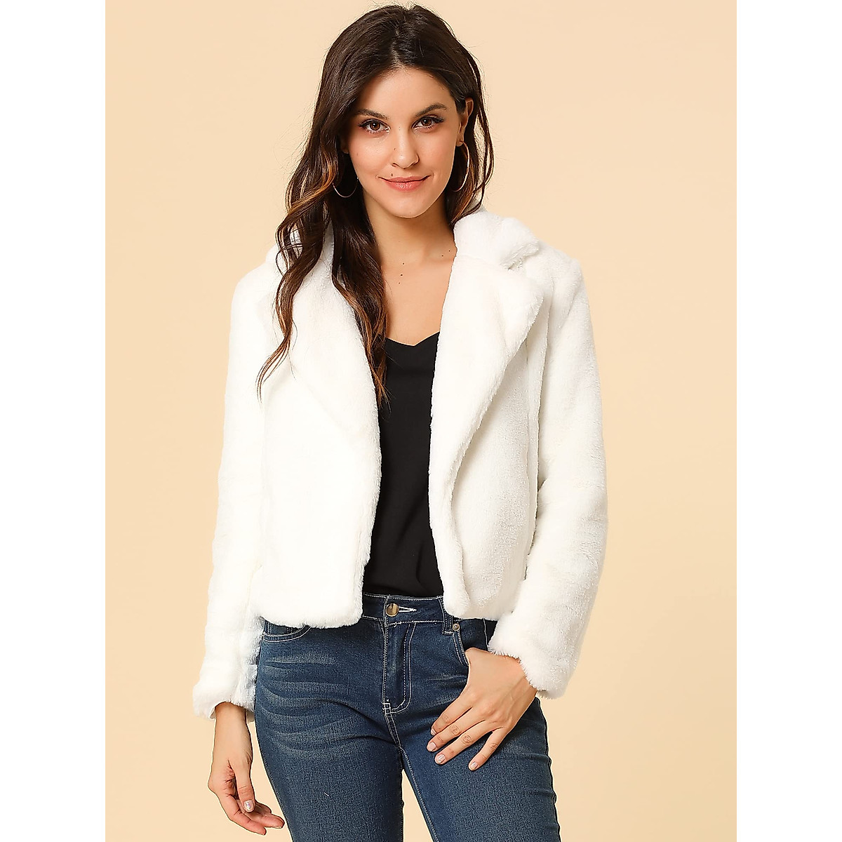 Allegra K Women's Cropped Faux Fur Jacket Lapel Cardigan Shrug 2024 Winter Fluffy Faux Fur Coat Large White