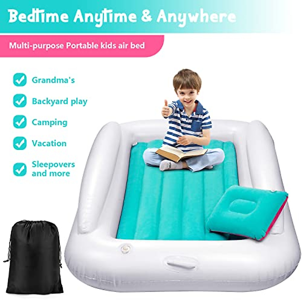 USHMA Toddler Travel Bed, Portable Toddler Bed for Kids | Toddler Air Mattress | Inflatable Travel Toddler Bed | Portable Toddler Bed for Travel | Set Includes Pump, Case, Pillow-Mint Green & Pink