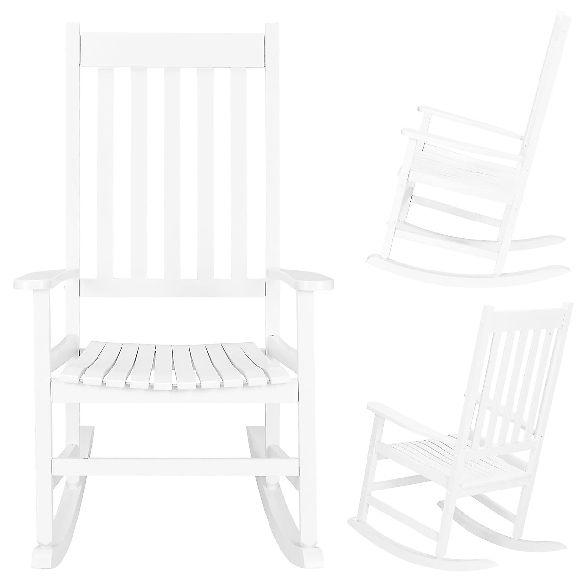 Wooden Rocking Chair - Indoor Outdoor Rocking Chair with Slatted Seat and Backrest - Nursery Rocking Chair with High Back Seat - Smooth Rocker Chair for Patio, Deck, Garden, Lawn, Porch - White