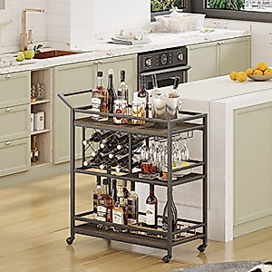 FATORRI Bar Carts for The Home with Wine Rack and Glasses Holder, Rustic Rolling Serving Cart on Wheels for Liquor and Alcohol, Wood and Metal Drink Cart and Beverage Cart (Walnut Brown)