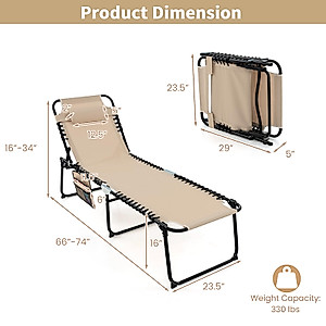 Tangkula Beach Lounge Chair for Outside, Folding Chaise Lounge Outdoor with 4-Position Backrest, Removable Headrest and Side Pocket, Portable Sunbathing Tanning Chair for Patio, Poolside (1, Beige)