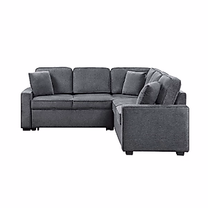 THSUPER 82'' Chenille L-Shaped Sleeper Sectional Sofa with Pull-Out Bed & Reversible Convertible Feature for Living Room, 5-Seater with 3 Pillows Included. Dark Grey