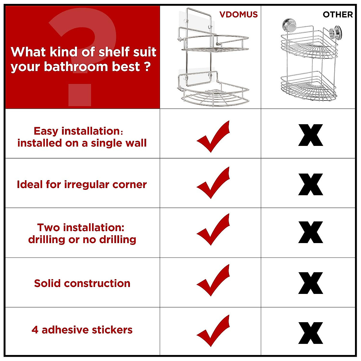 Vdomus pot rack ceiling mount cookware rack hanging hanger organizer with hooks (33 x 17 Inch) and Strong Shower Caddy 2 Tier Bathroom Corner Shelf Organizer Polished Chrome- No Drilling Needed Basket