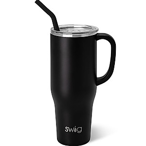 Swig Life 40oz Mega Mug, 40 oz Tumbler with Handle and Straw, Cup Holder Friendly, Dishwasher Safe, Extra Large Insulated Tumbler, Stainless Steel (Black)