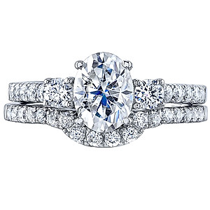 PEORA Moissanite Oval Cut Engagement Ring and Wedding Band Bridal Set in Sterling Silver, 1.50 Carat Center, DE Color, VVS Clarity, Size 7.5