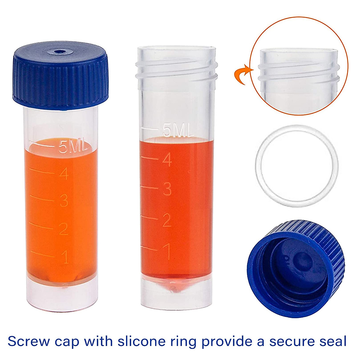 Leakproof Freeze Lab Test Tube with Screw Cap Graduated Storage Vial Plastic Cryo Test Sample Storage Tube Self Stand Conical Bottom Transport Frozen Bottle Container Non-Pyrogenic DN/RNase Free 50PCS
