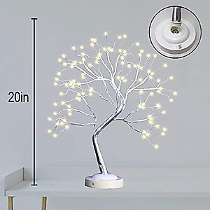 Bonsai Tree Light Silver Matte 20 Inches Artificial Tabletop Fairy Light Tree Lamp,Eight Lighting Modes,USB or Battery Operated with Timer,Decor of Bedroom,Living Room,Christmas (Warm White)