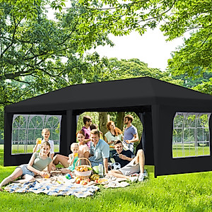 FOOWIN Canopy 10'X20' Tent Pop-up Canopy Commercial Tent with 6 Removable Sidewalls Tents for Parties with 12pcs Stakes，6 pcs Ropes Outdoor Carport Canopy Shade for Patio/Outdoor (Black)