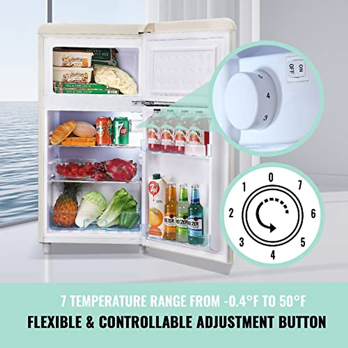 DEMULLER Retro Mini Refrigerator 3.5 CU.FT Dual Door Fridge with Handle Removable Glass Shelves 7 temperature control levels for Dorm, Office, Bedroom