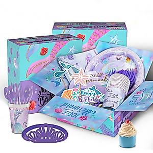 Party Spot! Mermaid Birthday Decorations, Mermaid Party Decorations Supplies Kit, 16 Tableware Sets, Balloon Arch, Balloons, Mermaid Disposable Paper Plates, Backdrop, Cake Topper, All in one Set