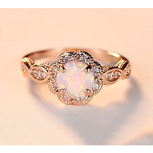 FLYYQMIAO 14K Gold Plated Rose Gold White Simulated Opal Ring White Fire Opal Zirconia Women Jewelry Wedding Engagement Anniversary Ring Flower Shape Women Finger Rings (8#)
