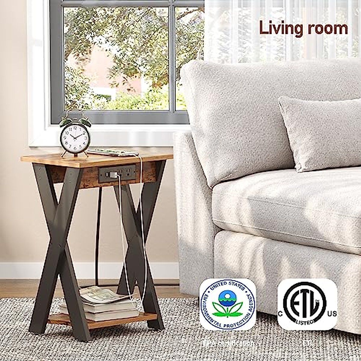 TUTOTAK End Table with Charging Station, X Shaped Side Table with USB Ports and Outlets, Nightstand, 2-Tier Storage Shelf, Sofa Table for Small Space, Brown TB01BB048