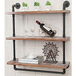 DOFURNILIM Industrial Retro Wall Mounted Iron Water Pipe Shelf - Hung Bracket - DIY Storage Shelving Bookshelf - Wood Shelf (Floating shelves-24“W)