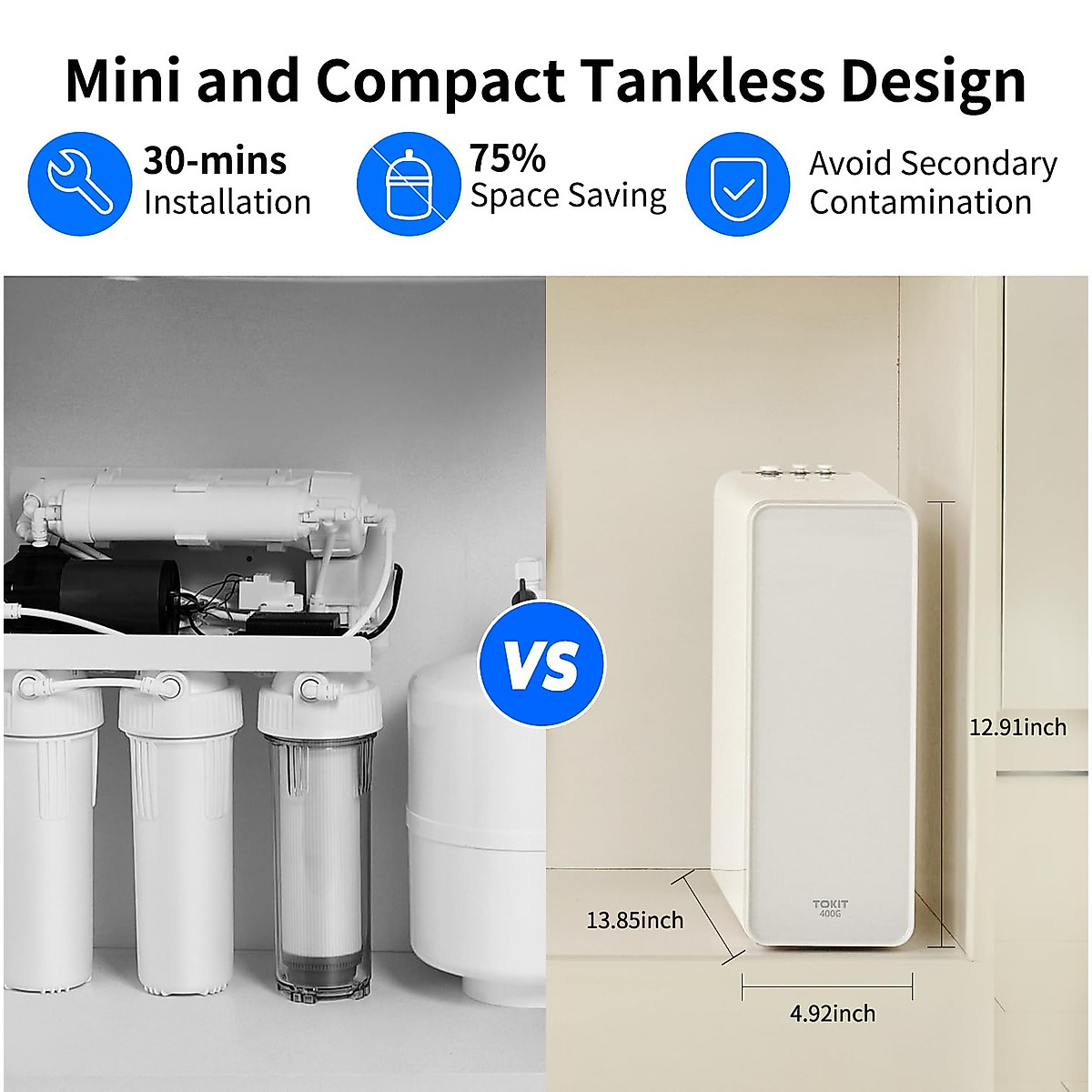 TOKIT Reverse Osmosis Water Filter, U1 Alkaline Mineral Under Sink Water Filter System, 400GPD Tankless RO Filtration with Faucet, NSF/ANSI 58, 2:1 Pure to Drain, Reduce TDS
