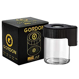 GORDON Magnifying Viewing Jar With LED Light, Transparent Light-Up Glass Storage Stash Jar With Mag Lid, Airtight, Smell Proof (Black)