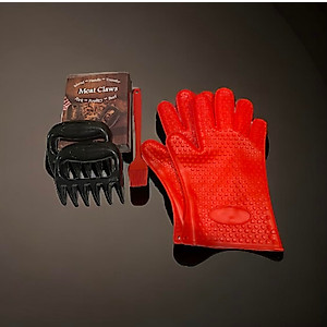 FGS Red Silicon BBQ Gloves/Mitts with Extreme Heat Resistance + Meat Shredder Claws + Silicone Basting Brush