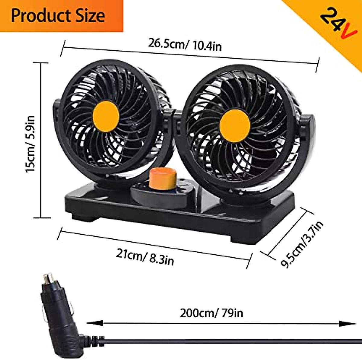 KINOWJI Car Cooling Air Fan,12V/24V Electric Dual Head Cooling Air Circulator 360 Degree Rotatable Auto Fan for Sedan SUV/RV/Boat/Truck /Auto Vehicles (24V)