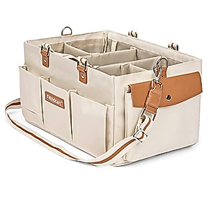 Diaper Caddy With Shoulder Strap & Entertainment Pouch Keeps Baby Still For Diaper Change. Waterproof Diaper Organizer Canvas Fabric Wipe Clean. Diaper Caddy Organizer Multiple Compartments (Beige)