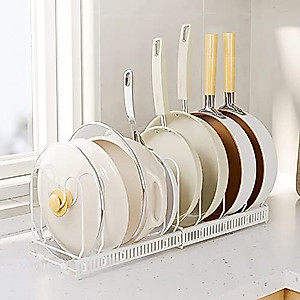 Rerii Pan Organizer Rack for Cabinet, Expandable Pots and Pans Organizer Rack, Cutting Board Pot Lid Holder Dish Drying Racks with 10 Adjustable Dividers for Kitchen Counter