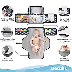 Portable Changing Pad, Waterproof Baby Changing Pad with 4 Storage Pockets, Detachable & Portable Diaper Changing Pad Newborn Baby Essentials, Travel Changing Pad for Baby Shower Gifts