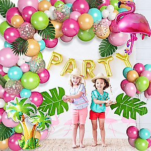 132Pcs Tropical Flamingo Balloons Garland Kit, 40'' Coconut Tree Foil Flamingo Balloons Green Pink Aqua Blue Confetti Balloons Palm Leaves Baby Shower Hawaiian Luau Birthday Party Decorations Supplies