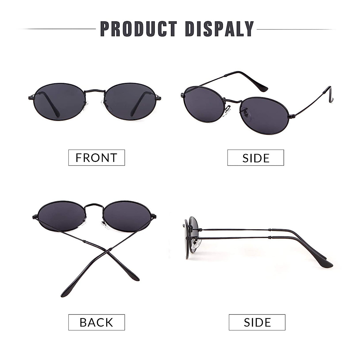 JUDOO Oval Sunglasses for Women Men Vintage 90s Metal Frame Black Glasses