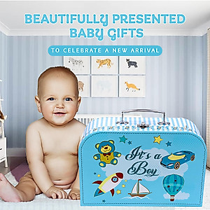Welcome to The World Baby Boy Suitcase, Baby Layette Set and New Baby Essentials in A Keepsake Suitcase Box, Blue, Medium Baby Boy Gift Set - Nikki’s Gift Baskets