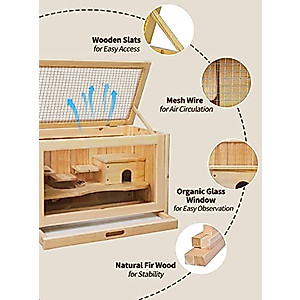 Rubor Hamster Cage Wooden Hamster Cages and Habitats for Dwarf Hamster, Guinea Pig, Chinchilla, 2-Tiers with Shelf and Ladder, Openable Top, Pull-Out Tray, Natural Wood