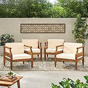 Christopher Knight Home Daisy Outdoor Club Chair with Cushion (Set of 4), Teak Finish, Cream