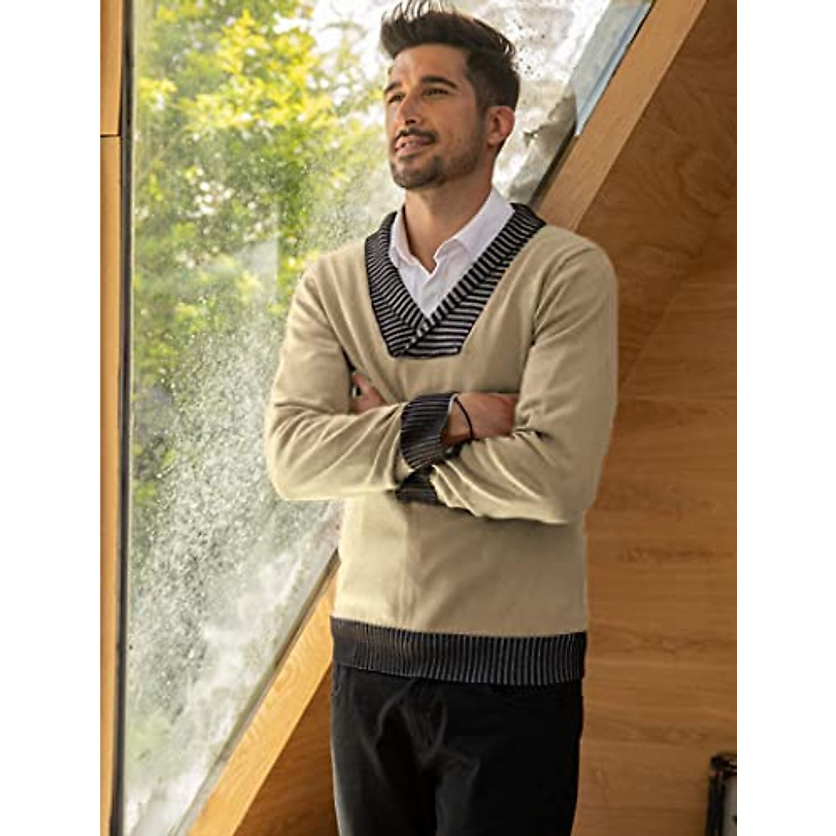 COOFANDY Mens Shawl Collar Knitted Sweater Casual Long Sleeve Pullover Khaki