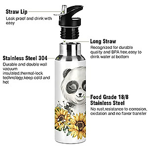 Little Panda Sunflower Water Bottle Kids Thermos Bottle with Straw Lid Kids Insulated Stainless Steel Water Flask Leakproof Thermos Bottle for Gym Outdoor 20 oz