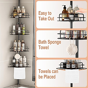 THMINS Shower Caddy Tension Pole,Adjustable Corner Shower Caddy,4 Tier Rustproof Shower Organizer Shelves for Bathroom,Bathtub,42.1-120.5 inch,Black
