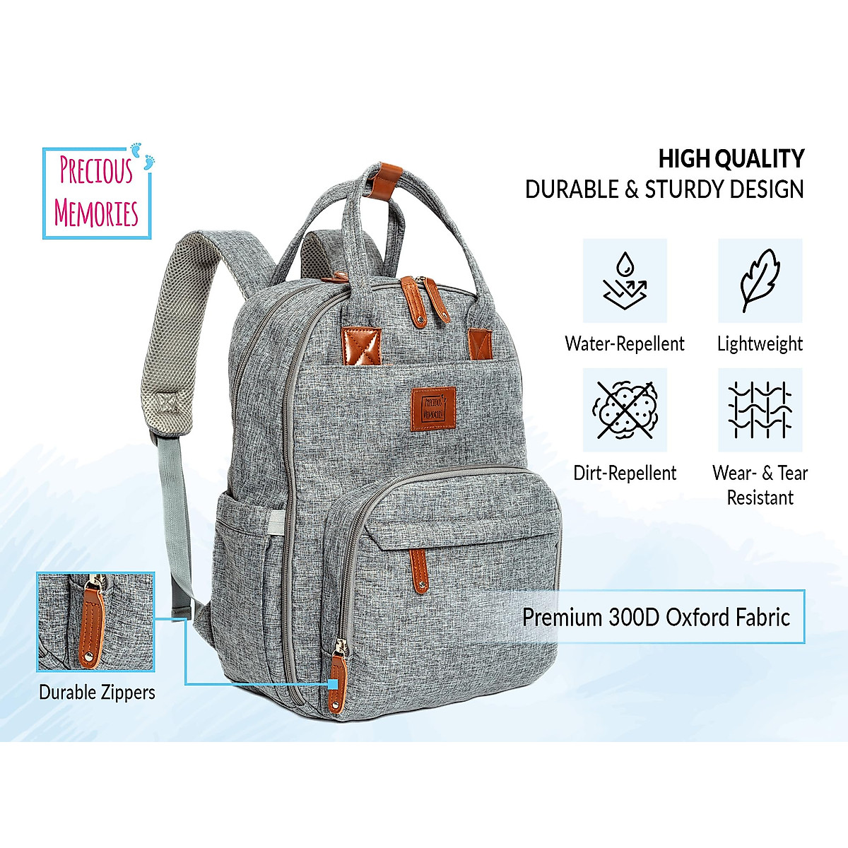 Precious Memories Toddler Diaper Backpack with Portable Changing Mat - Water-Resistant Baby Bag - Large Diaper Bag for Toddlers - Newborn essentials