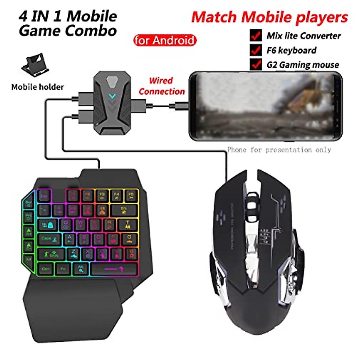 One-Handed RGB Gaming Keyboard Mouse and Converter Combo, Wired 39 Keys LED Backlit Keyboard, 6 Keys Gaming Mouse and Converter Set for PS4, for Switch and PC(Black)