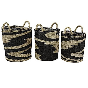 Deco 79 Seagrass Handmade Two Toned Storage Basket with Handles, Set of 3 18", 17", 16"H, Black