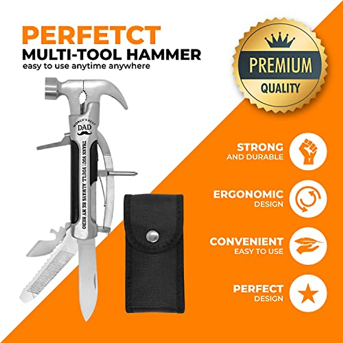 Toolbay Gadget Gift for Dad - All in one Stainless Steel Hammer Multitool with case and clip. Great Gadgets for mens stocking stuffer for home or car