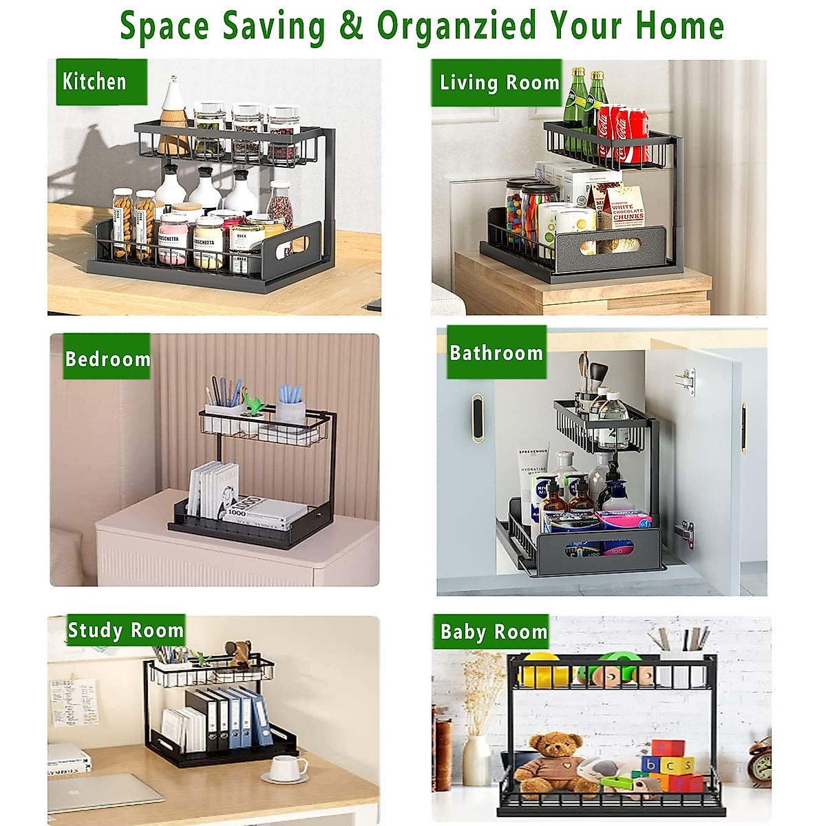 Under Sink Organizers and Storage, Under Cabinet Storage 2 Tier Under Sink Storage Rack, Multi-purpose Under Sink Shelf Organizer for Bathroom Kitchen