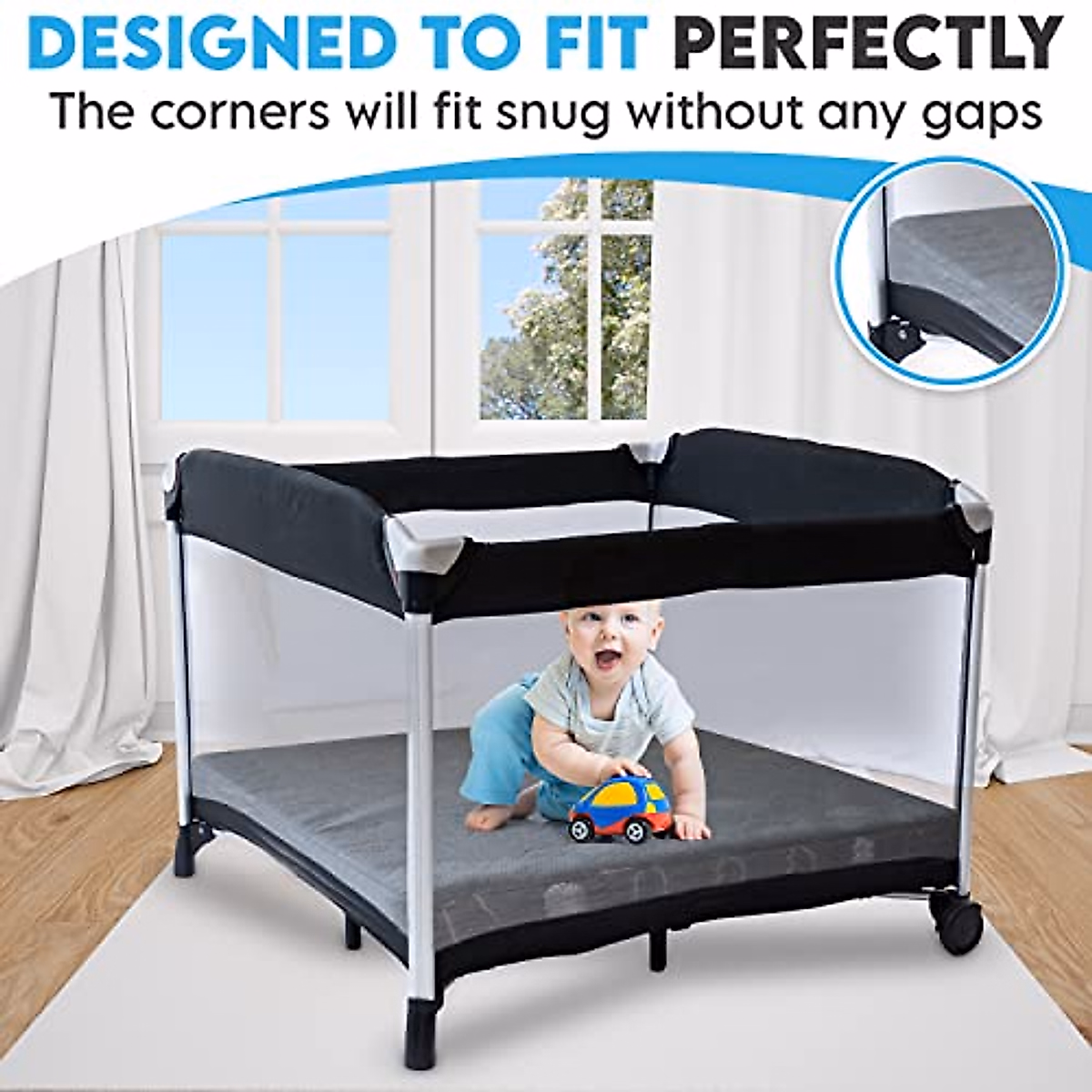 Sleepah Square Pack and Play Mattress 3" Waterproof Memory Foam Playard Portable Playpen Mattress Topper w Removable Cover Compatible with Joovy Room 2 Delta Children Century Thick Dual Sided 36”x36”