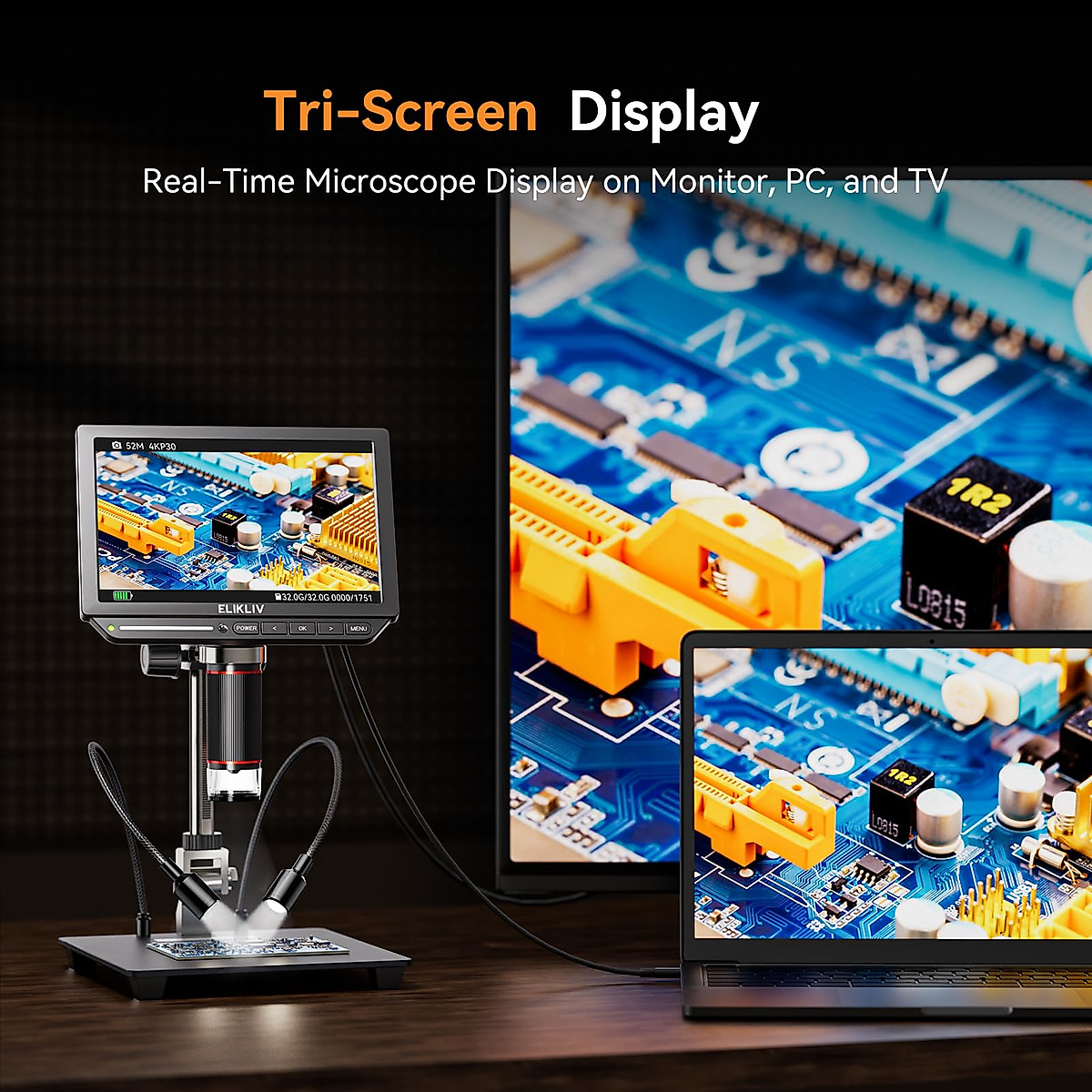 4K Digital Microscope, Elikliv EM4K 8" Coin Microscopes 2000x, 52MP HDMI Microscopes, Soldering Microscope for Adults, Micro scopes for Electronics Repair, 3840P UHD Video Micro socpe, 10" Stand, 64G