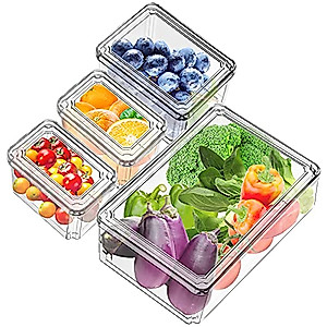 Set of 4 Fridge Food Storage Bins, Stackable Clear Kitchen Fruit Storage Containers, Freezer Organizer Fresh Keeper Box with Lid for Kitchen Countertops, Refrigerator, Pantry and Cabinets