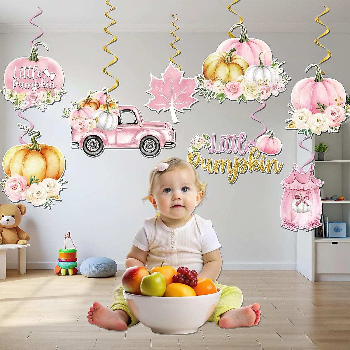 Little Pumpkin Baby Shower Decorations, Girl Pink Pumpkin Baby Shower Decorations includes a Little Pumpkin Is On The Way Banner and A Little Pumpkin Is On Her Way Baby Shower Hanging Swirls