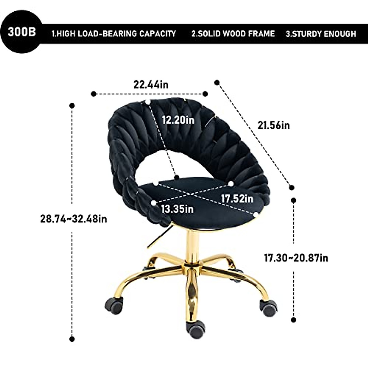 Ufurpie Cute Velvet Desk Chair for Home Office,Modern Vanity Chair,Height Adjustable Swivel Rolling Comfy Chair Computer Chair with Gold Legs for Living Room Bedroom,Black