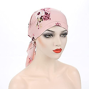 Fxhixiy Pre-Tied Bandana Turban Hat Chemo Cancer Headscarf Headwraps Headwear for Women Hair Cover Hat (Pink Flower)